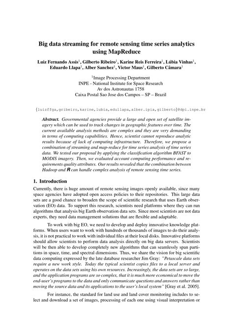 Pdf Big Data Streaming For Remote Sensing Time Series Analytics Using Mapreduce