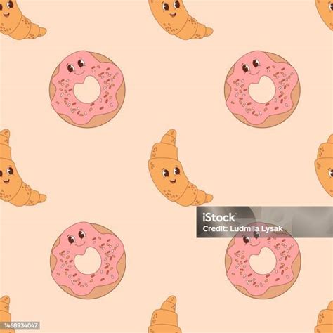 복고풍 완벽 한 패턴입니다 그루비 귀여운 만화 도넛과 밝은 노란색 배경에 크로와상 벽지 디자인 섬유 포장 장식 아이 컬렉션에 대 한 벡터 일러스트 레이 션 0명에 대한 스톡