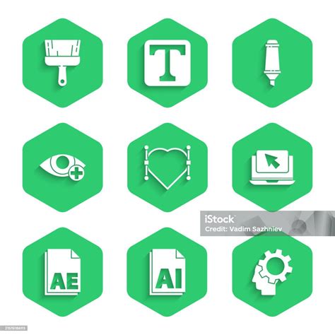 베 지어 곡선 Ai 파일 문서 내부 인간 헤드 기어 노트북 및 커서 Ae 적목 현상 마커 펜 및 페인트 브러시 아이콘으로 하트를 설정합니다 벡터 개념에 대한 스톡 벡터 아트