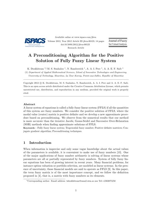 Pdf A Preconditioning Algorithm For The Positive Solution Of Fully Fuzzy Linear System