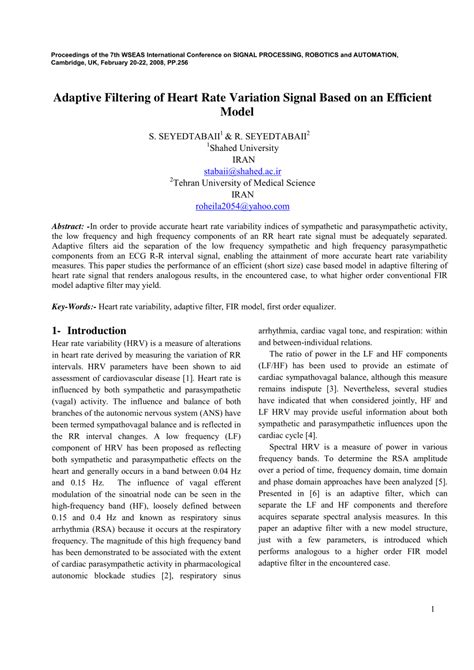 Pdf Adaptive Filtering Of Heart Rate Variation Signal Based On An Efficient Model