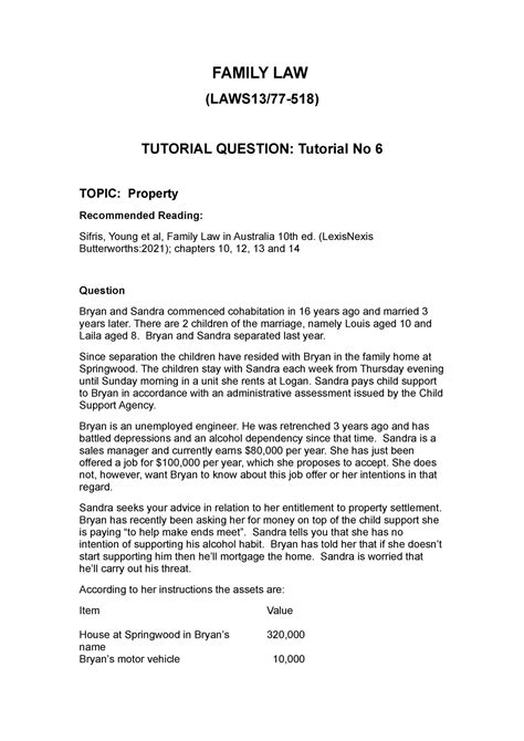 Tutorial Questions No Family LAW FAMILY LAW LAWS TUTORIAL QUESTION Tutorial No