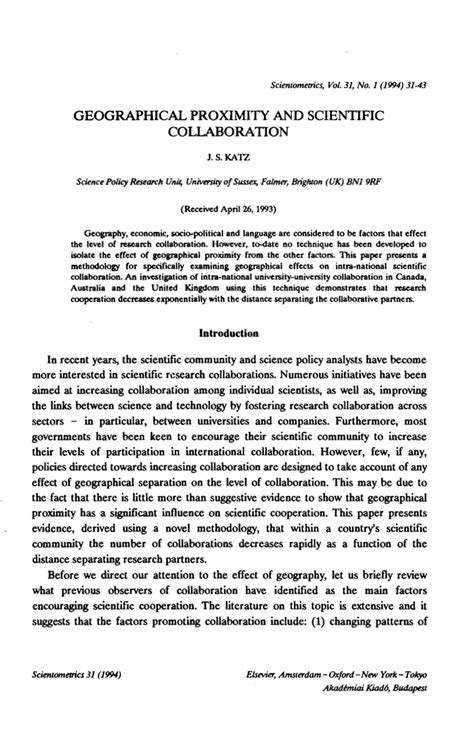 Pdf Geographical Proximity And Scientific Collaboration