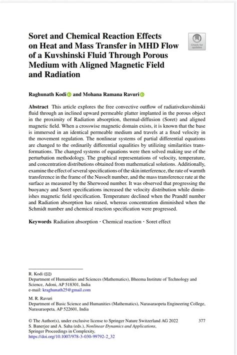 Pdf Soret And Chemical Reaction Effects On Heat And Mass Transfer In Mhd Flow Of A Kuvshinski