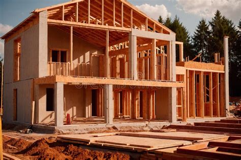 Construction Of New Residential House Building Framework Work Site Stock Illustration