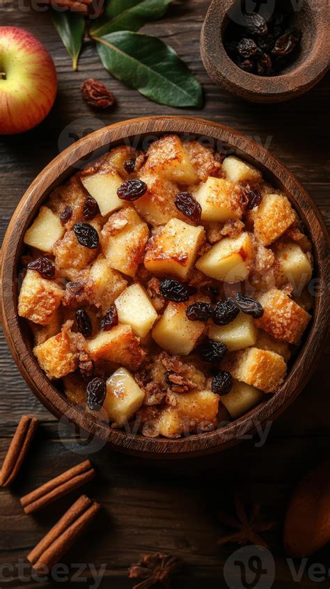 Warm Apple Bread Pudding With Raisins And Cinnamon Served In A Wooden