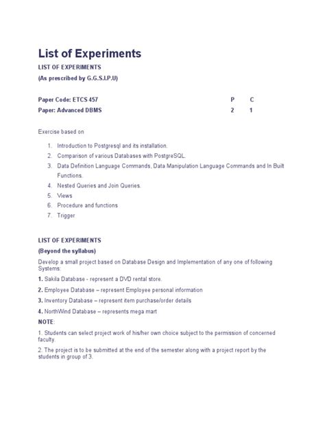 list of experiments adbms pdf