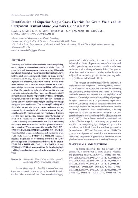 Pdf Identification Of Superior Single Cross Hybrids For Grain Yield And Its Component Traits