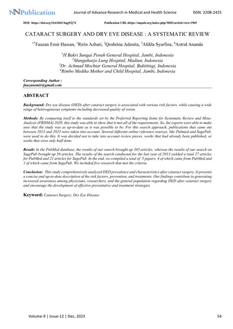 Pdf Cataract Surgery And Dry Eye Disease A Systematic Review