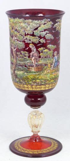 Hand Painted French Ruby Glass Enameled Chalice Glass Art Antique