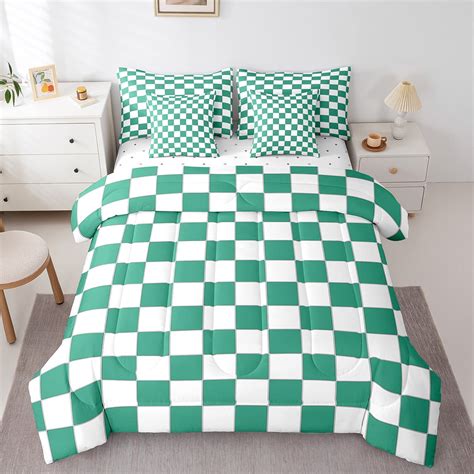 Erosebridal Green Checkered Twin Bed In A Bag 7 Piece White Emerald