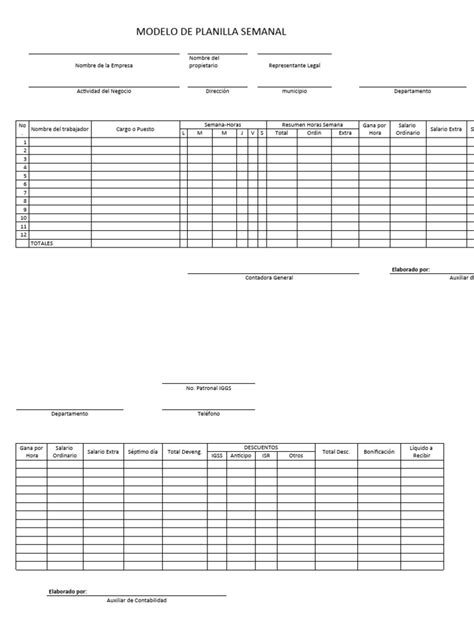 Modelo De Planilla Semanal Pdf
