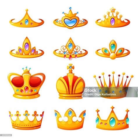 만화 왕관과 티아라 로얄 파워 상징 보석과 다이아몬드와 골드 머리 장식 중세 왕 여왕과 공주 액세서리 대관식 기호 흰색 세트에 고립 된 벡터 개인 장식품에 대한 스톡 벡터