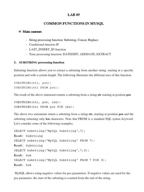 Lab 05 Common Functions In Mysql Main Contents Pdf Subroutine