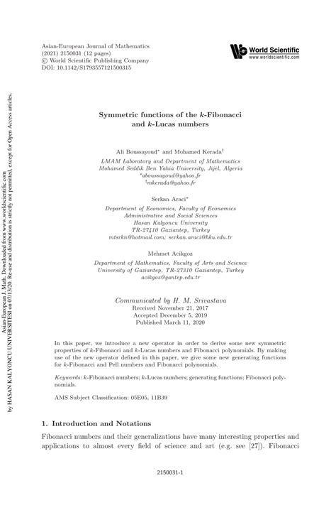 Pdf Symmetric Functions Of The K Fibonacci And K Lucas Numbers