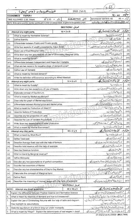 Past Paper 2023 Multan Board Inter Part I Economics Subjective
