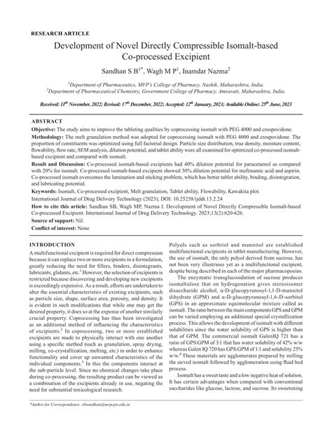 Pdf Development Of Novel Directly Compressible Isomalt Based Co Processed Excipient