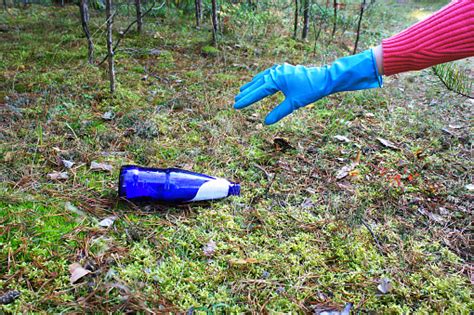 한 여성의 손이 파란 유리 병을 집어 들고 다녀올 것입니다 파란색 고무 장갑에 손을 숲이나 공원에서 자원 봉사 숲에서 청소