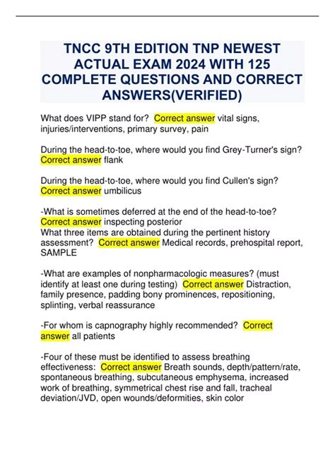 Tncc 9th Edition Tnp Newest Actual Exam 2024 With 125 Complete Questions And Correct Answers