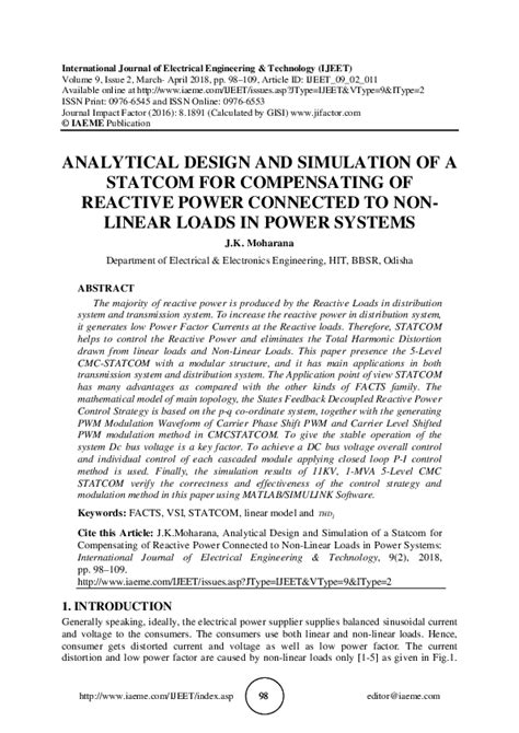 Pdf Analytical Design And Simulation Of A Statcom For Compensating Of
