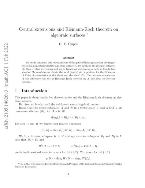 Pdf Central Extensions And Riemann Roch Theorem On Algebraic Surfaces