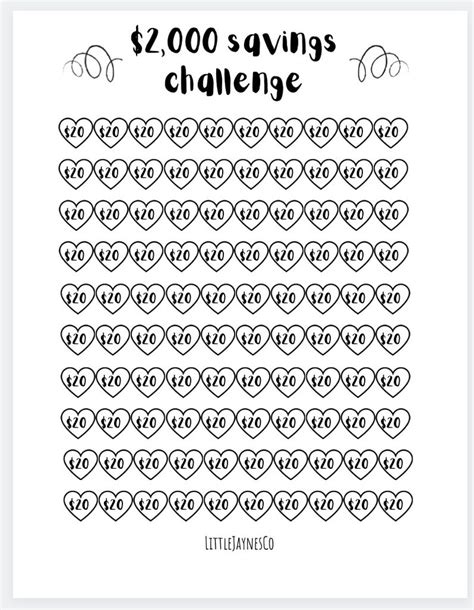 Printable 2000 Dollar Savings Challenge Money Challenge Savings Goal