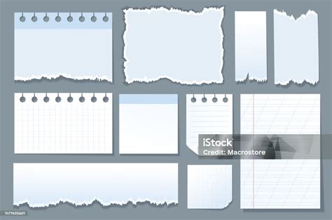 찢어진 종이 세트 그래픽 요소는 평면 디자인입니다 체크 무늬 선 또는 점이있는 다양한 모양의 찢어진 페이지 빈 공간이있는 백서 스크랩 벡터 그림 격리 된 개체 찢겨진에 대한