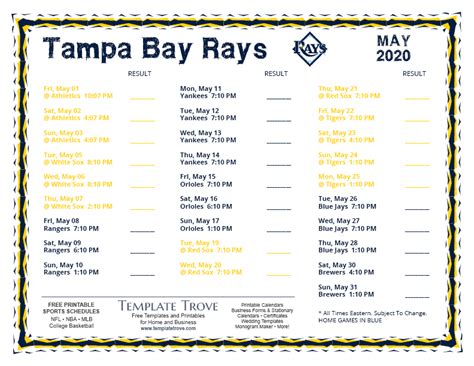 Printable 2020 Tampa Bay Rays Schedule