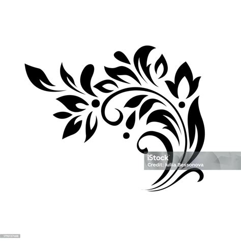 추상 패턴 장식 요소 흰색 배경에 검은 선으로 양식화 된 나뭇잎 꽃 및 컬이 있는 클립 아트입니다 모퉁이 장식 스텐실에 대한 스톡 벡터 아트 및 기타 이미지 Istock
