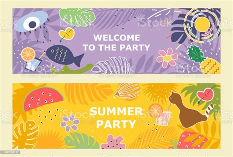 과일과 칵테일이 있는 여름 해변 파티를 위한 벡터 배너 세트입니다 플랫 스타일의 여름 파티 포스터 벡터 Flyposting에 대한 스톡 벡터 아트 및 기타 이미지 Istock