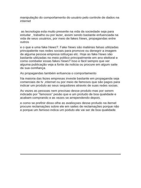 Manipulação Do Comportamento Do Usuário Pelo Controle De Dados Na