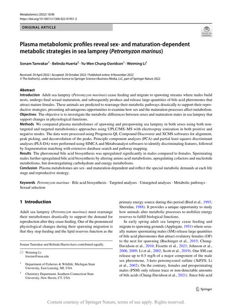 Plasma Metabolomic Profiles Reveal Sex And Maturation Dependent Metabolic Strategies In Sea