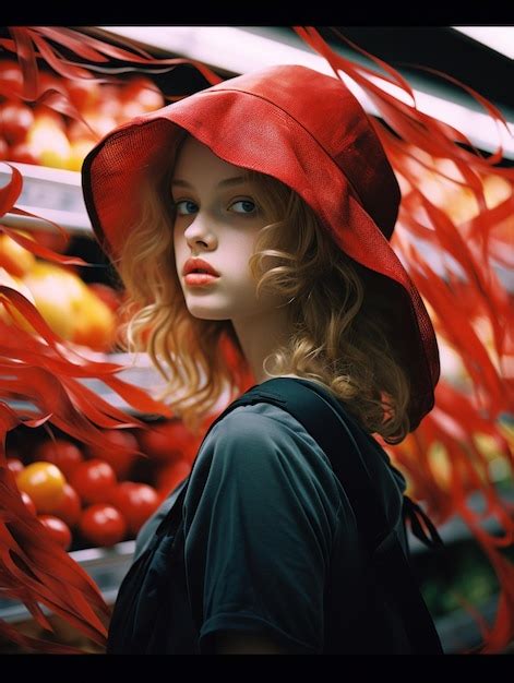 Premium AI Image A Woman With A Red Hat In Front Of Produce Ai
