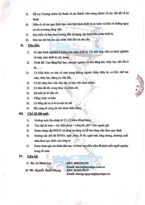 Công ty TNHH Tuyết Nga tuyển dụng Kỹ sư sửa chữa thiết bị nâng