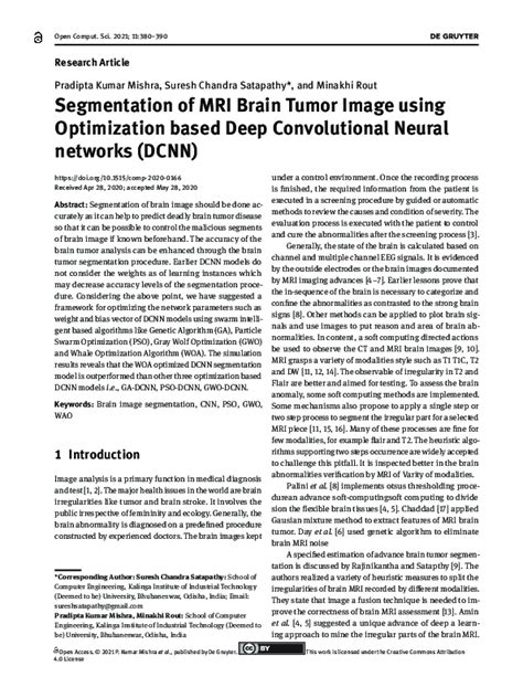 Pdf Segmentation Of Mri Brain Tumor Image Using Optimization Based Deep Convolutional Neural
