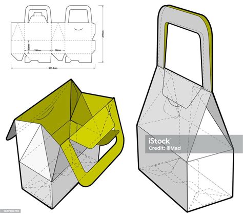 손잡이가 있는 접이식 상자 및 다이 컷 패턴 Eps 파일은 전체 스케일이며 완벽하게 작동합니다 실제 골판지 생산을 위해 준비되었습니다 0명에 대한 스톡 벡터 아트 및 기타