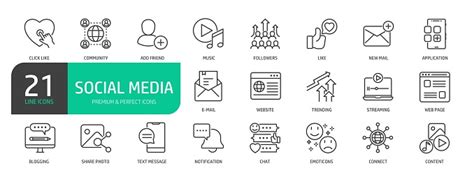 소셜 미디어 라인 아이콘 세트입니다 이 세트에는 응용 프로그램 팔로워 이메일 웹 사이트 스트리밍 블로그 채팅 콘텐츠 웹 페이지 등이 포함됩니다 Brand Name