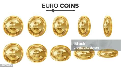 유로 3d 금화 벡터를 설정합니다 현실적인 그림입니다 다른 각도 플립 돈 프런트 사이드입니다 투자 개념입니다 동전 아이콘 기호 성공 현금 기호 은행 융자 통화 흰색 절연 1