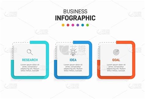 箭头商业模式的概念，分为三个连续的步骤。三个色彩丰富的图形元素。宣传册、演示的时间线设计。信息图表设素材 花瓣网
