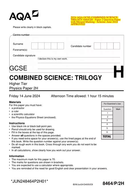 2024 Aqa Gcse Combined Science Trilogy 8464 2h Physics Paper 2 Question Paper With Merged