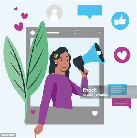 소셜 미디어 영향력자 사회 프로필 프레임에 메가 폰을 들고 젊은 예쁜 여자와 그림 다른 소셜 미디어 아이콘 플랫 스타일의 벡터 일러스트레이션 대사에 대한 스톡 벡터 아트 및