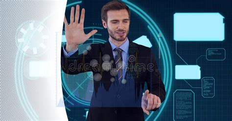 Animation Of Data Processing Over Businessman Touching Screen Stock Image Image Of Information