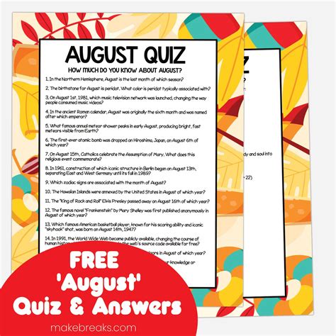 Free Printable August Quiz With Answers Make Breaks