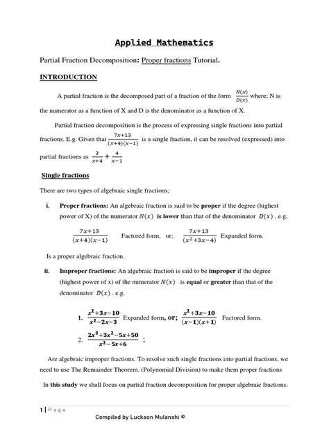 Partial Fraction Decomposition Summarised Pdf Mathematics Algebra