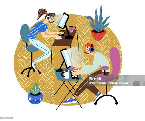 컴퓨터에서 비디오 게임을 하는 청소년 소년과 소녀는 의자에 앉아 말하고 입력합니다 온라인 소셜 네트워크 라이프 스타일 벡터 일러스트 장치가있는 힙스터 학생 Brand