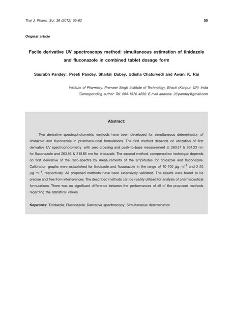 Pdf Facile Derivative Uv Spectroscopy Method Simultaneous Estimation Of Tinidazole And