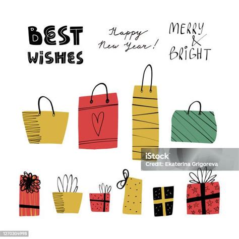 다양한 스타일리시한 손으로 그린 축제 쇼핑 페이퍼 백 활과 리본이 달린 크리스마스 선물 상자 생일 선물 레터링 인사베스트 소원