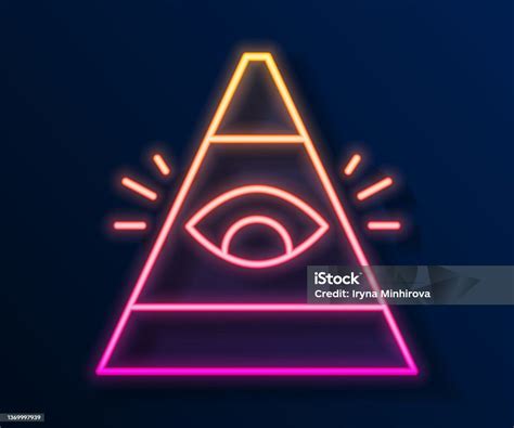 빛나는 네온 라인 메이슨은 검은 배경에 고립 된 하나님 아이콘의 모든 눈을 상징합니다 삼각형에 프로비던스의 눈 벡터 Freemasons에 대한 스톡 벡터 아트 및 기타