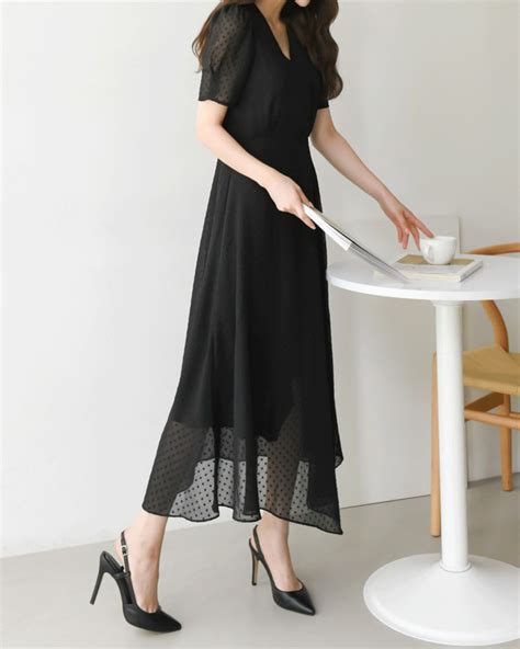 브이넥 쉬폰 도트 롱 원피스