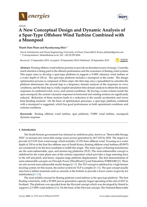 Pdf A New Conceptual Design And Dynamic Analysis Of A Spar Type Offshore Wind Turbine Combined
